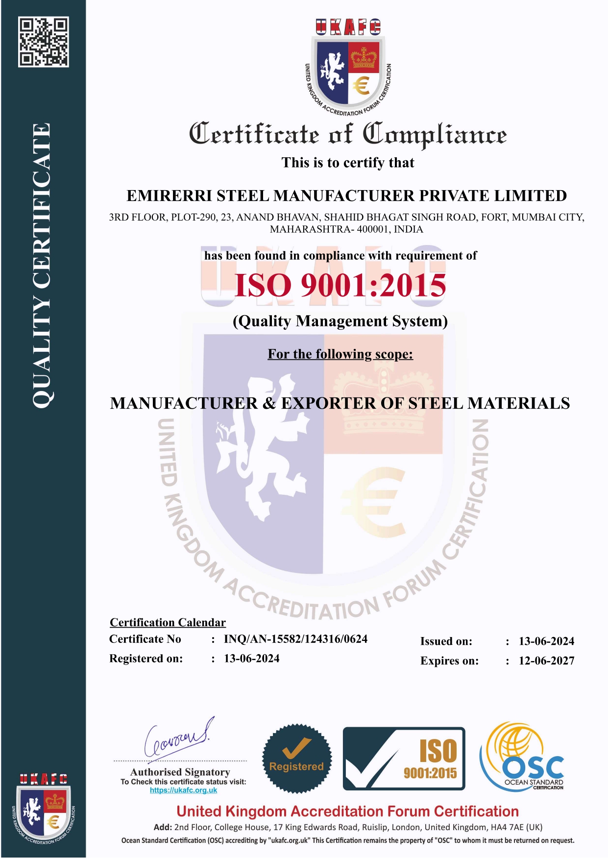 Steel Manufacturer Quality Certificates- Emirerristeel